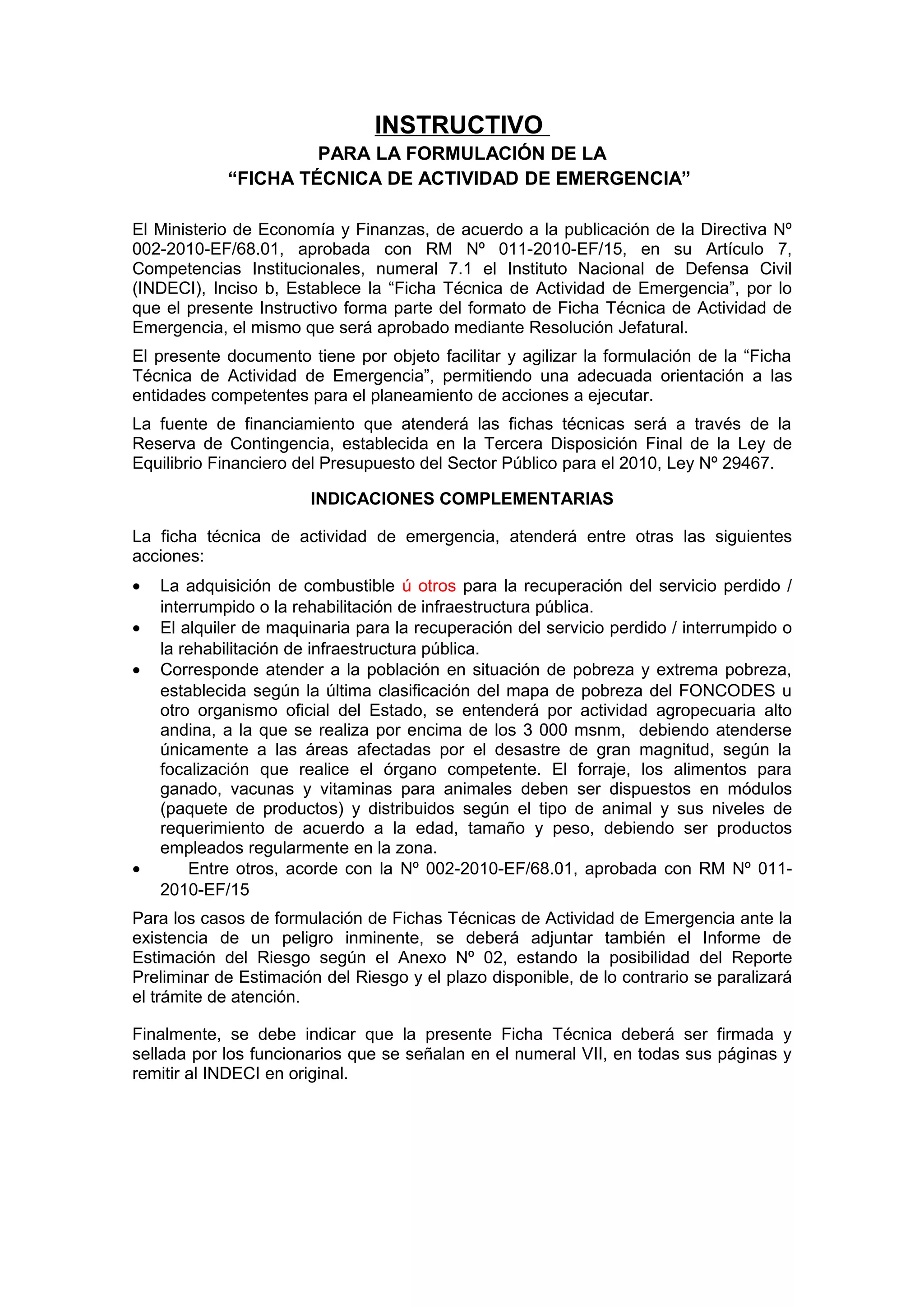 Ficha Tecnica Instructivo De Ficha T Cnica Por Actividad De Emergencia