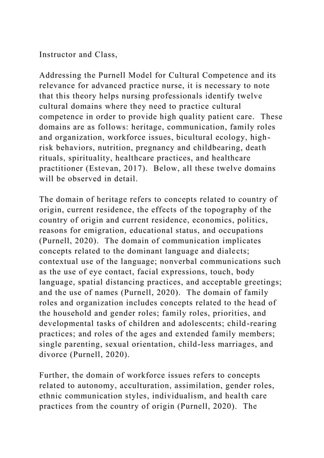 Instructor and Class,Addressing the Purnell Model for Cultural C.docx