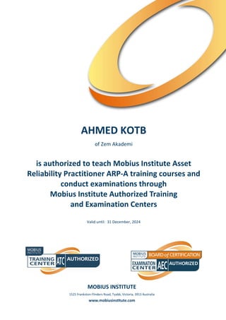 Mobius Institute ARP A Course Instructor Authorization Certificate ...