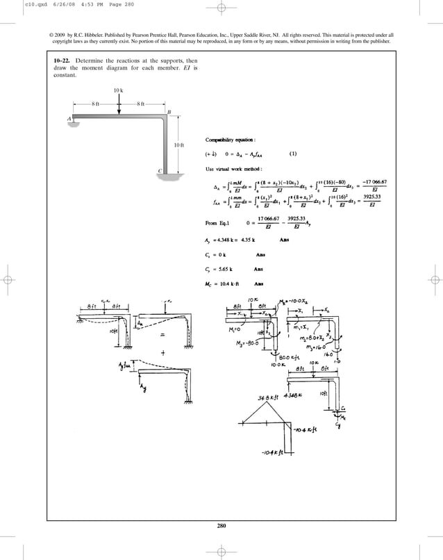 Instructor solution manual for chapter 10 indeterminate structures "structural analysis Hibbeer ...