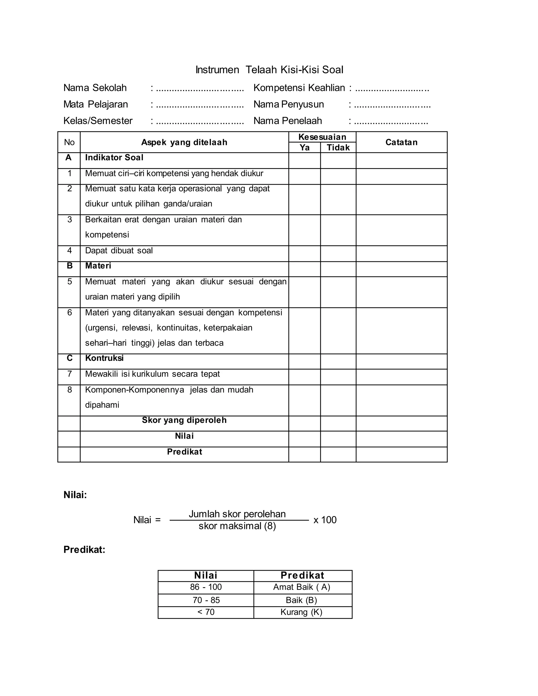 Instrumen kisi kisi | PDF