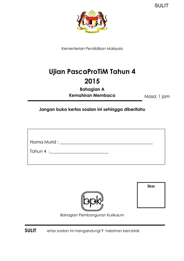 Instrumen membaca ujian pasca protim tahun 4 | PDF