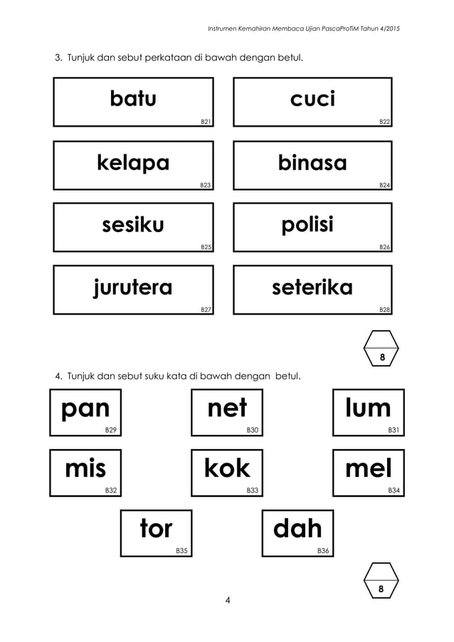 Instrumen membaca ujian pasca protim tahun 4 | PDF