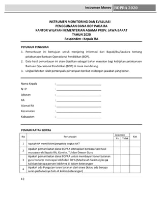 Instrumen monev bopra 2020 | PDF