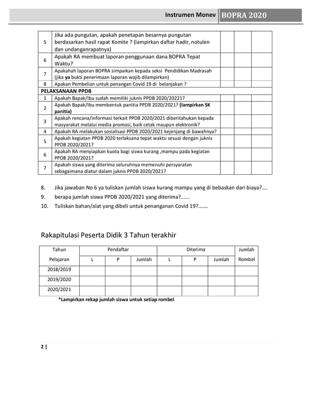 Instrumen monev bopra 2020 | PDF