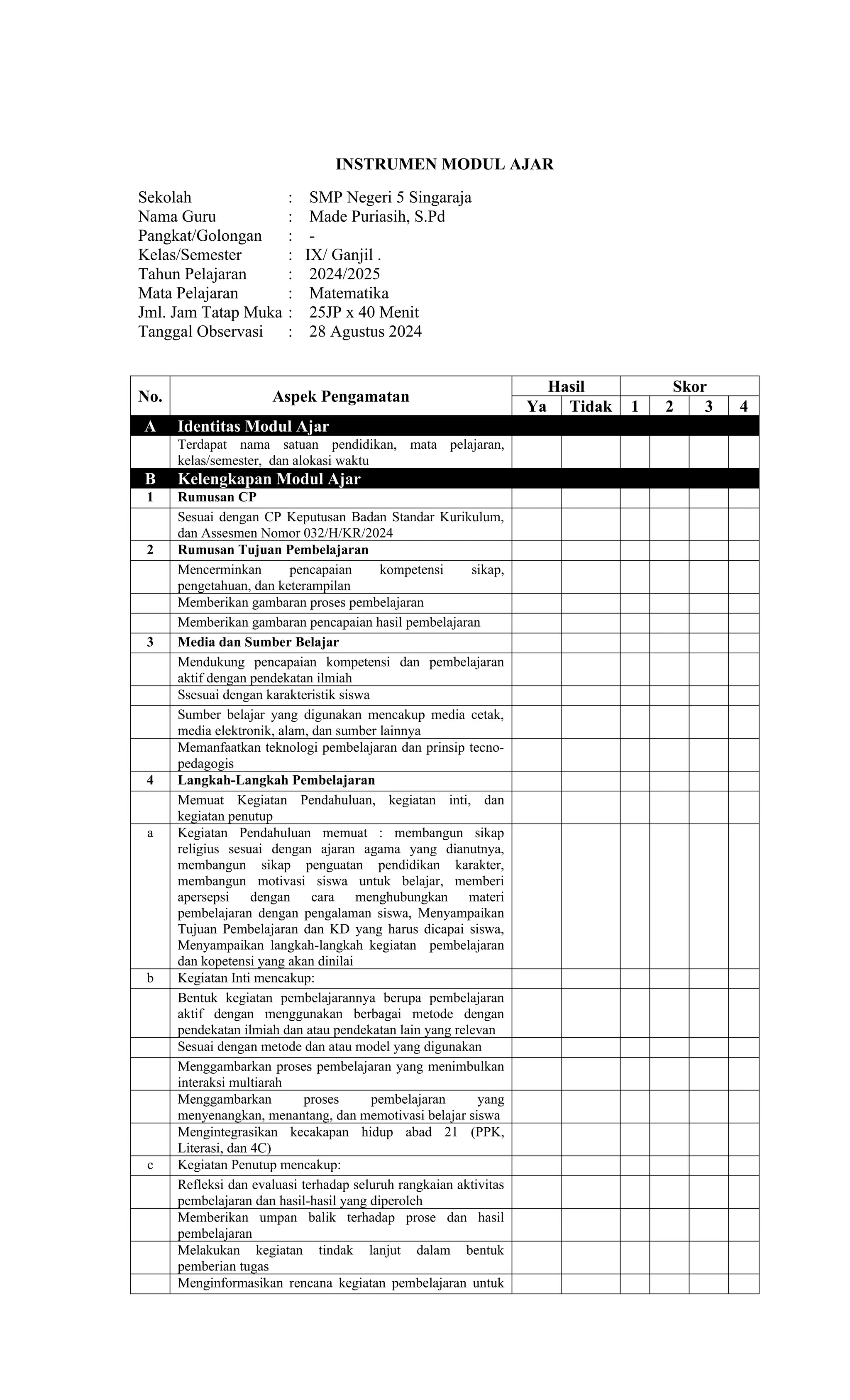 INSTRUMEN OBSERVASI KELAS PELAKSANAAN PEMBELAJARAN.doc