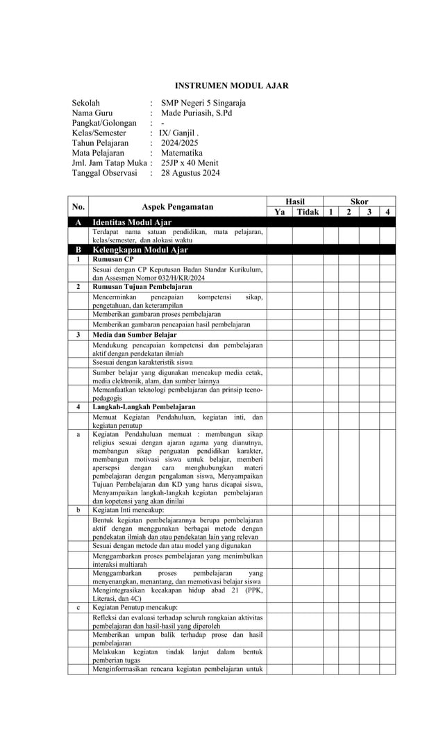 INSTRUMEN OBSERVASI KELAS PELAKSANAAN PEMBELAJARAN.doc