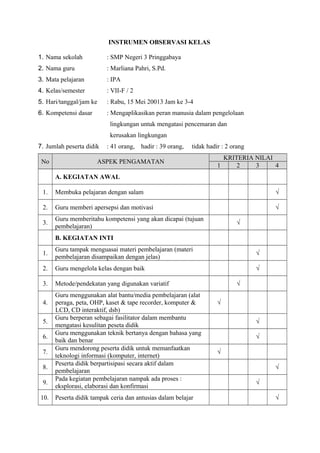 Contoh lampiran OJL (Instrumen observasi Guru Yunior) | DOC
