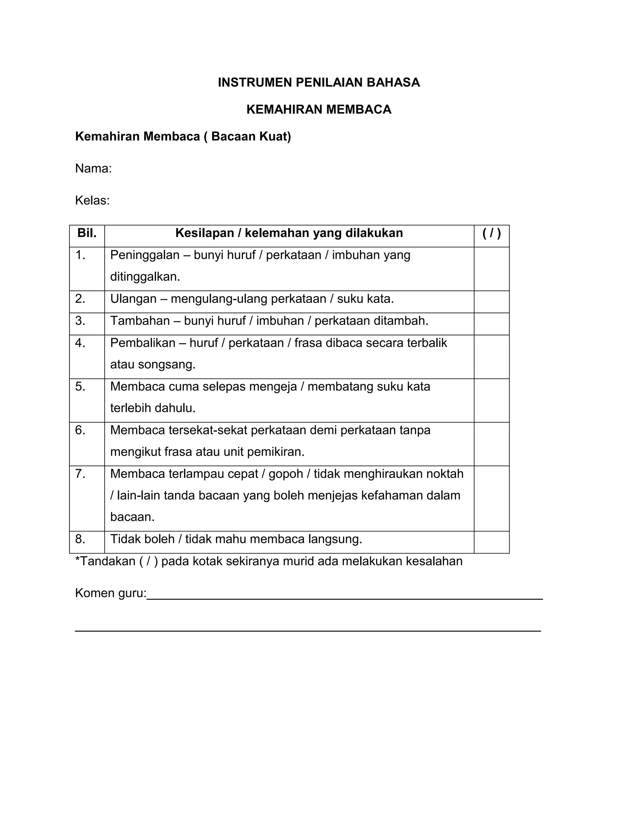Instrumen penilaian bahasa kemahiran membaca | DOCX