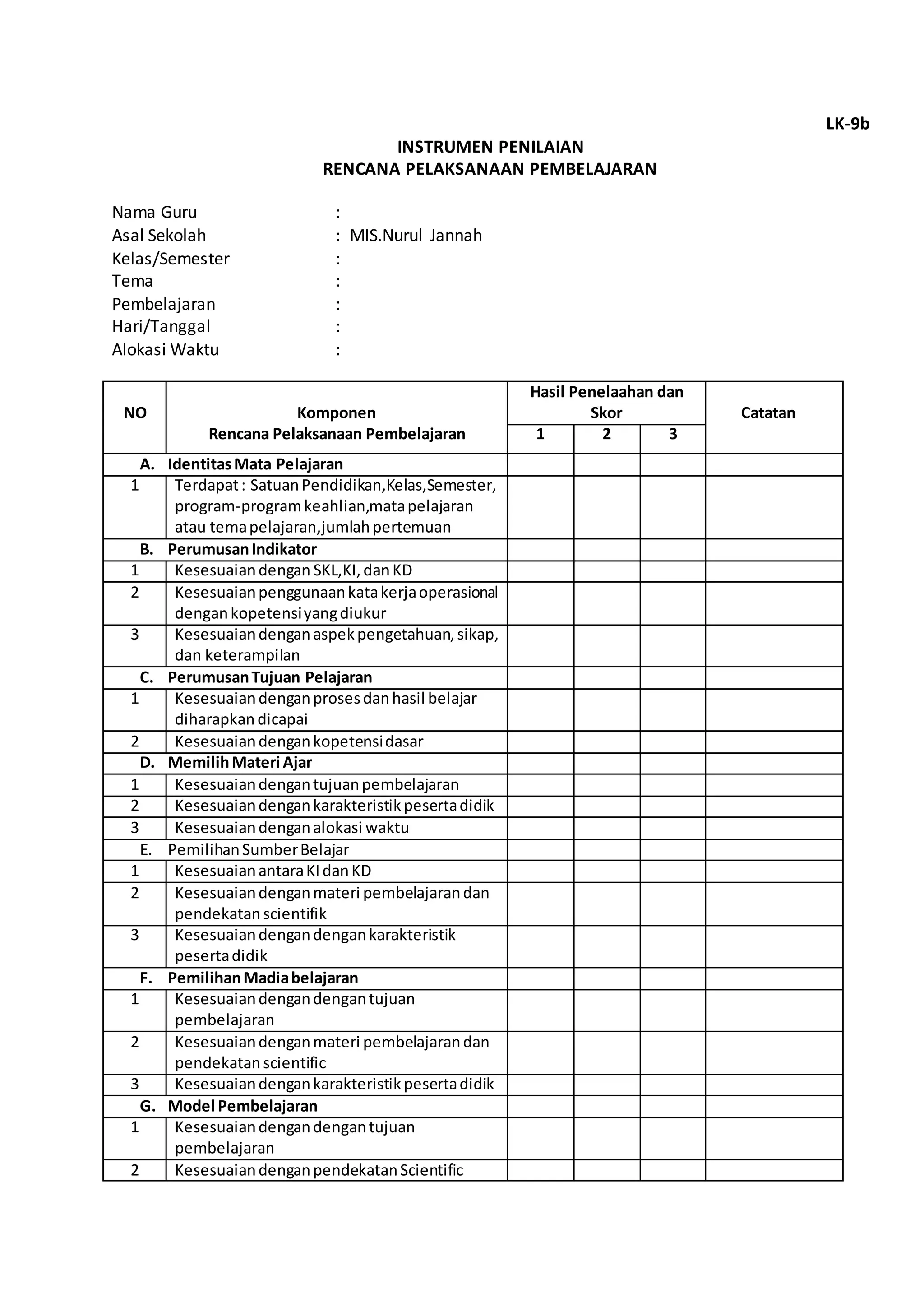 Instrumen penilaian rpp prodef | DOCX