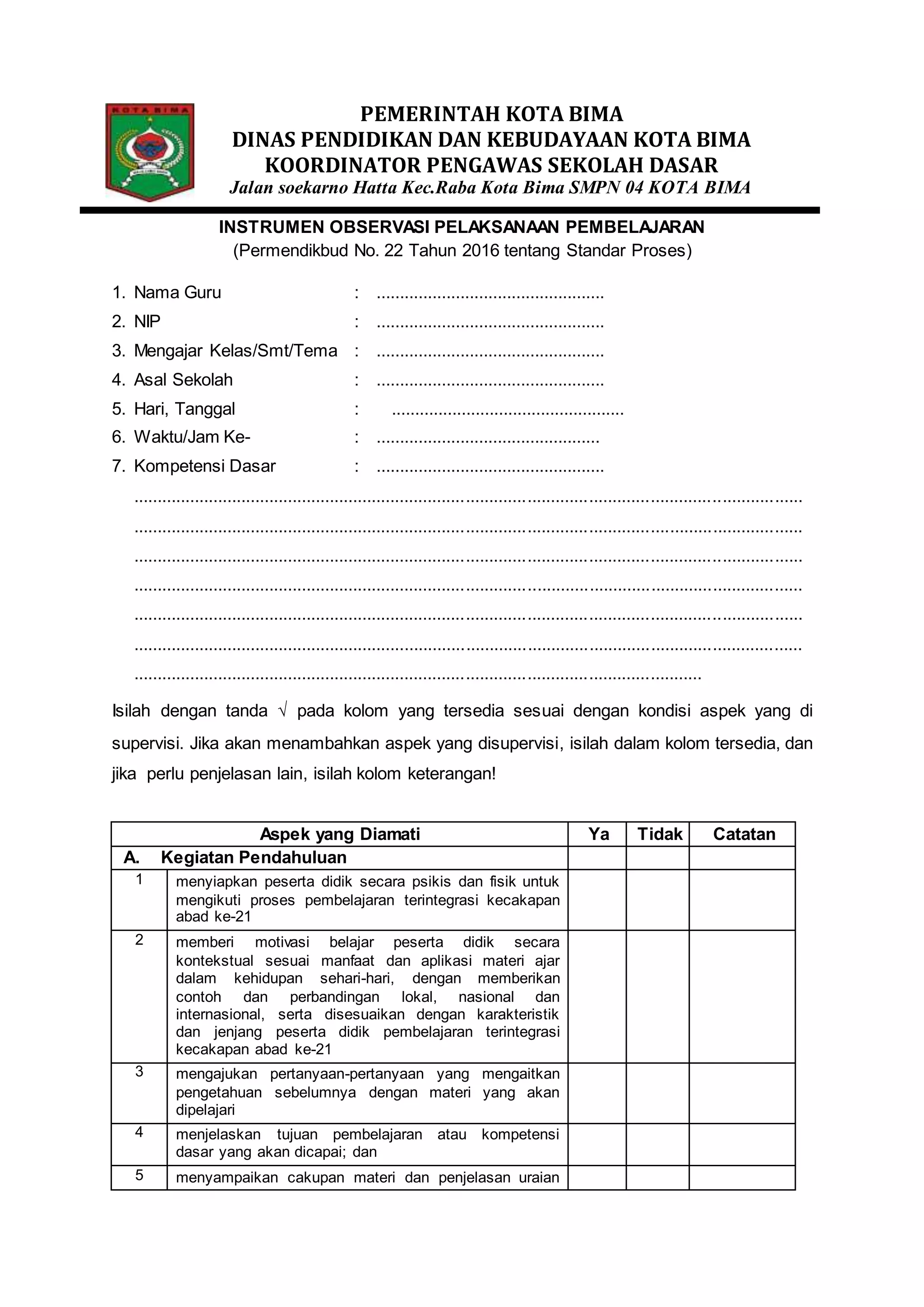 Instrumen pra observasi proses pembelajaran | DOCX