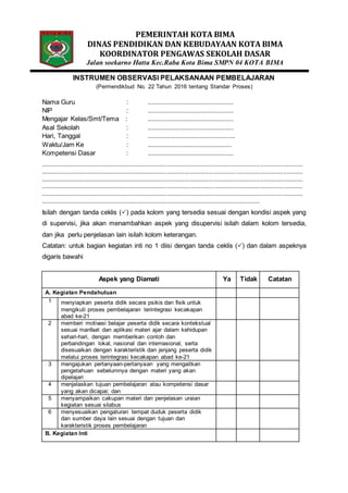 Instrumen pra observasi proses pembelajaran | DOCX
