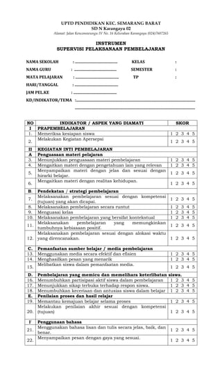 Download Format Instrumen Supervisi Guru Oleh Kepala Sekolah Kurikulum