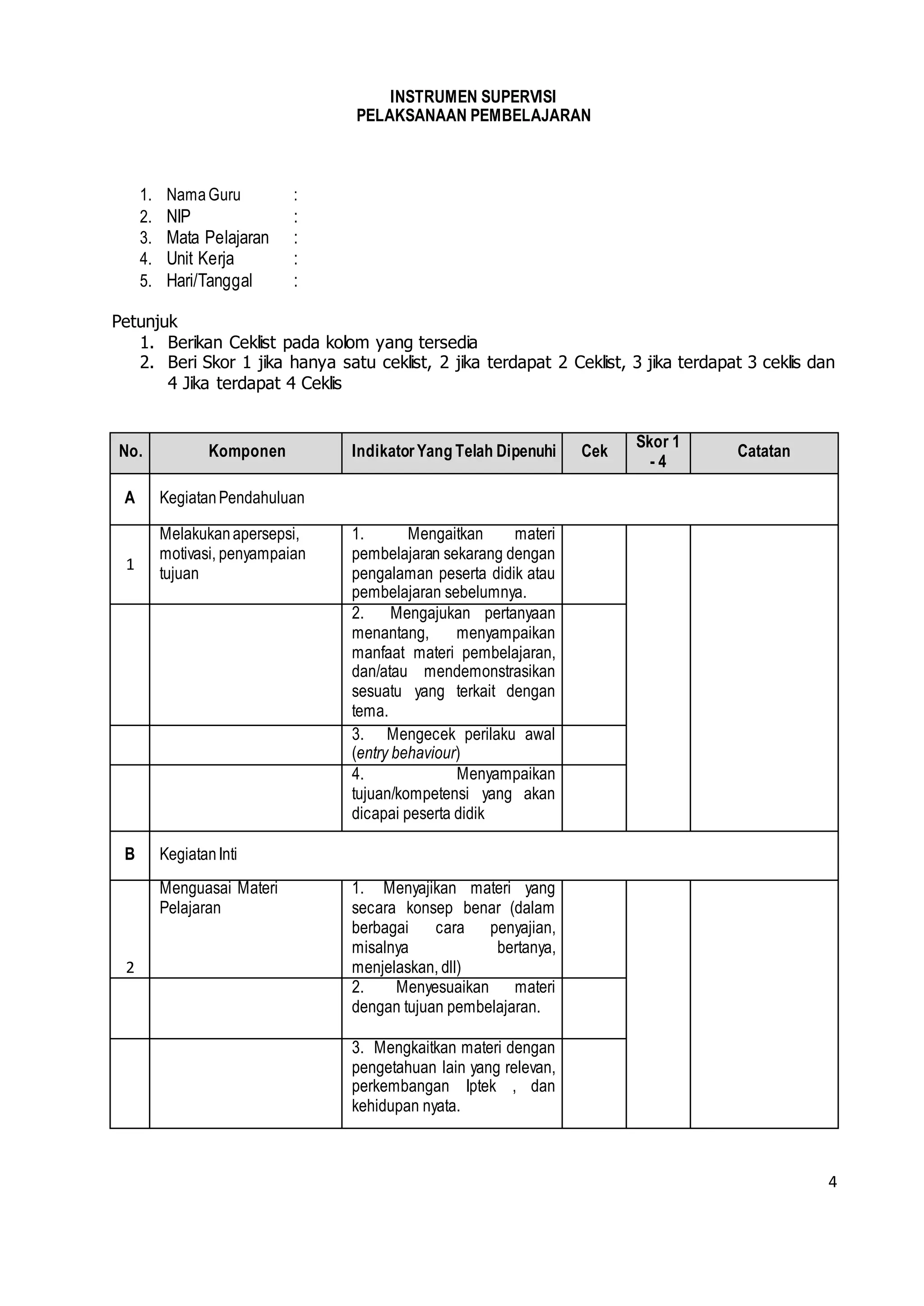 Instrumen supervisi kurikulum 2013 | PDF