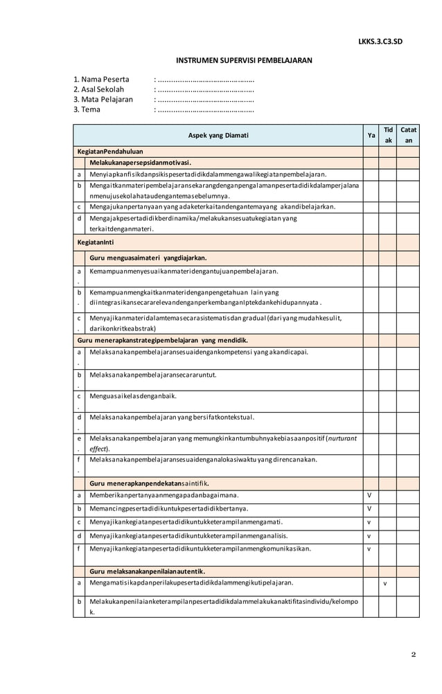 Instrumen supervisi pembelajaran | PDF
