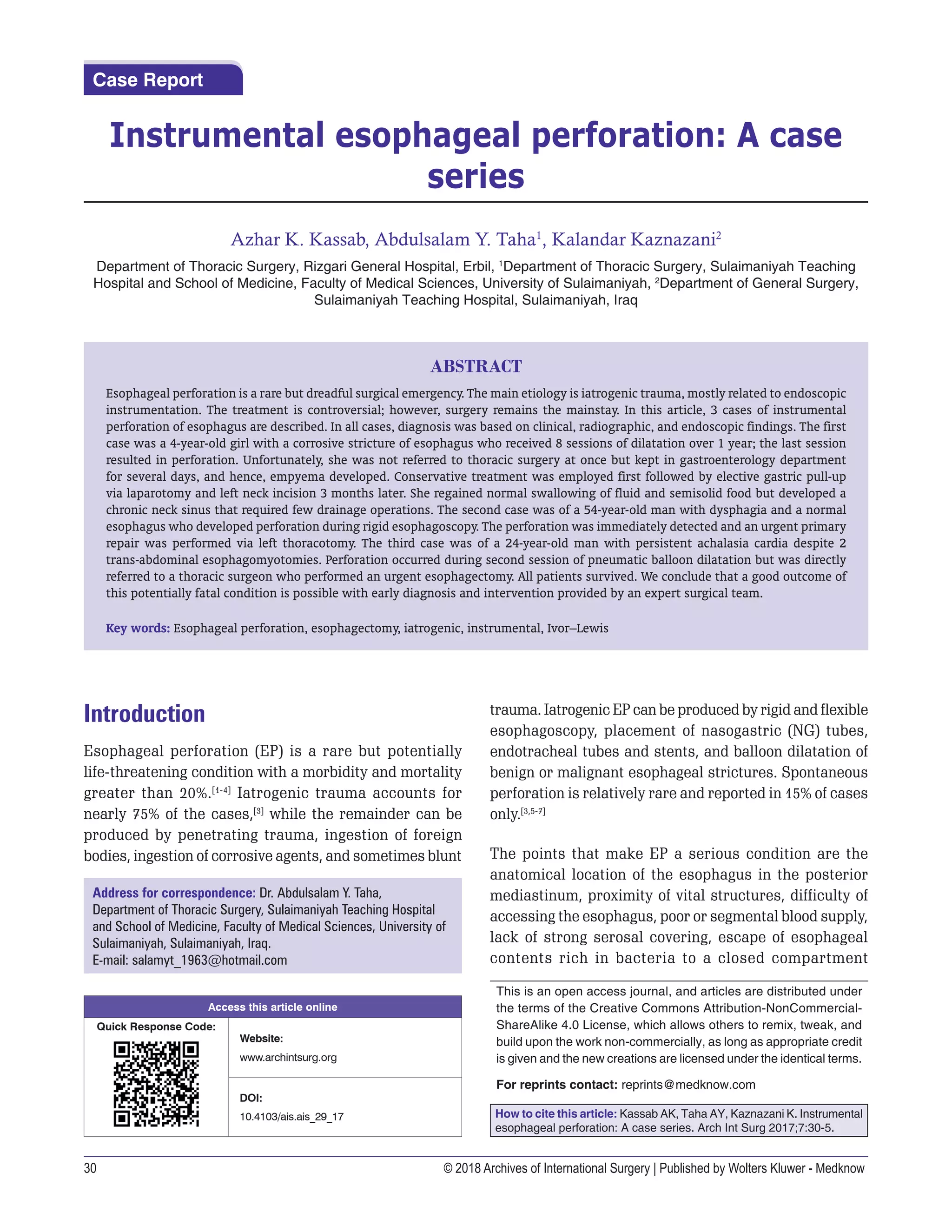 Instrumental esophageal perforation a case series | PDF
