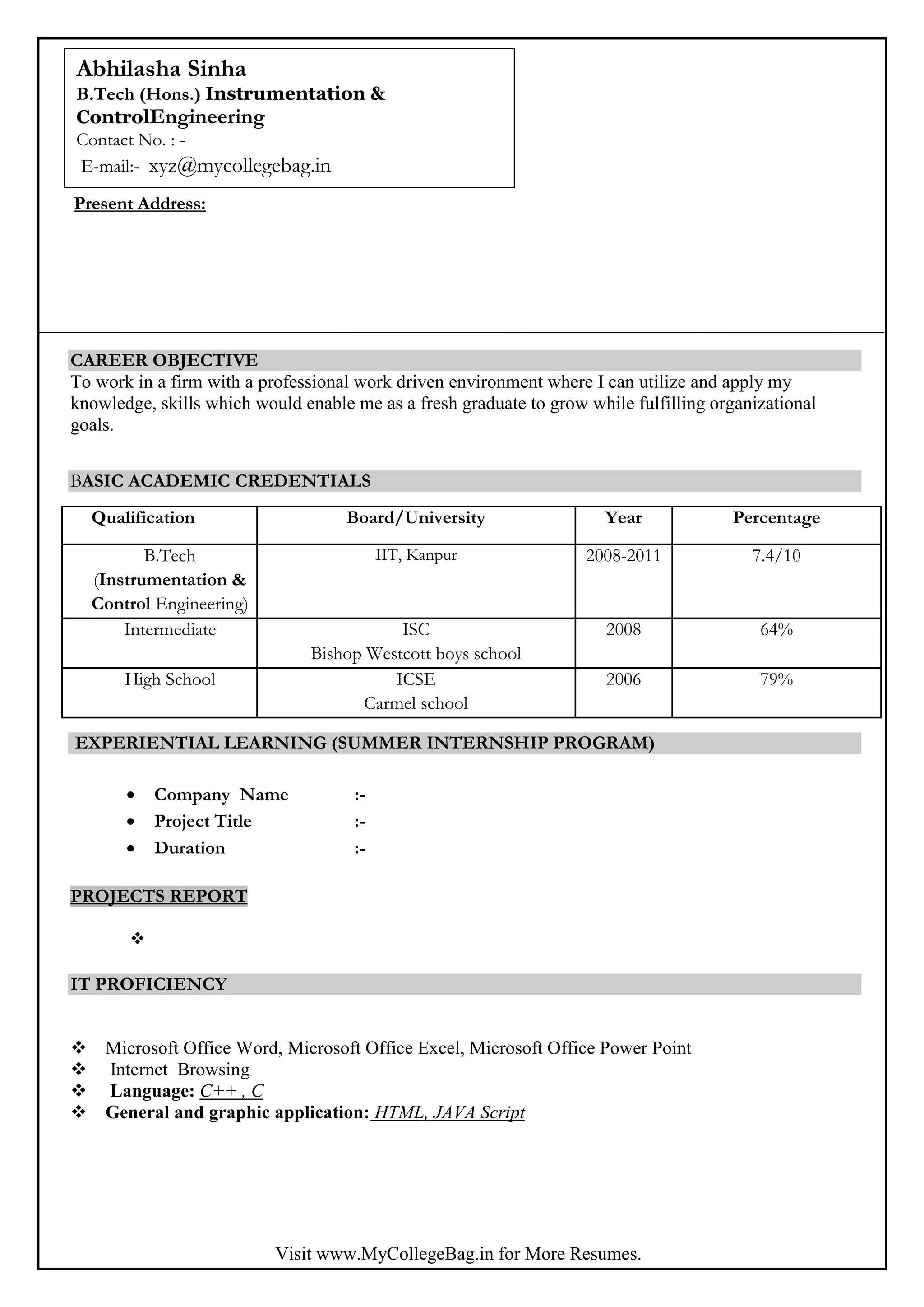Instrumentation control freshers resume format sample | PDF