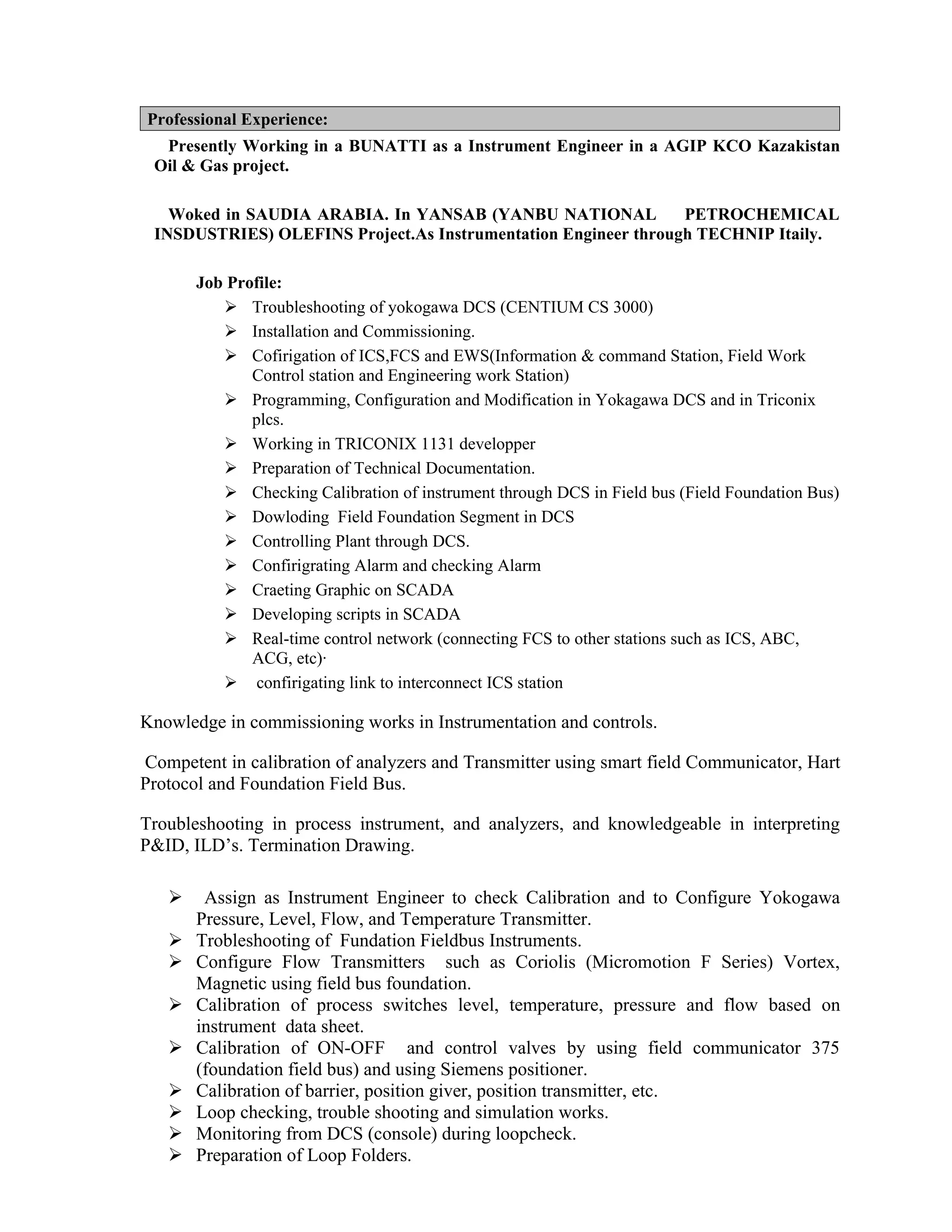 Instrumentation Engineer. | DOC