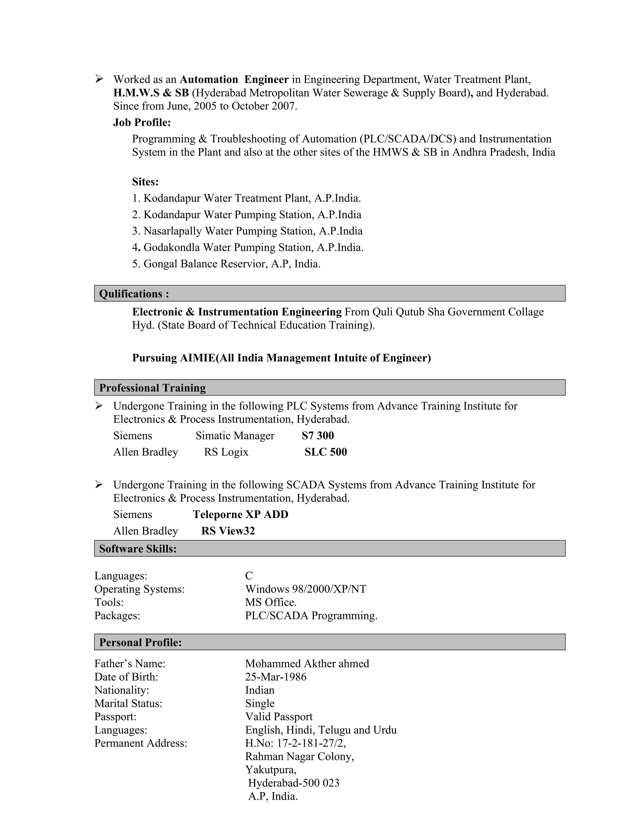 Instrumentation Engineer. | DOC