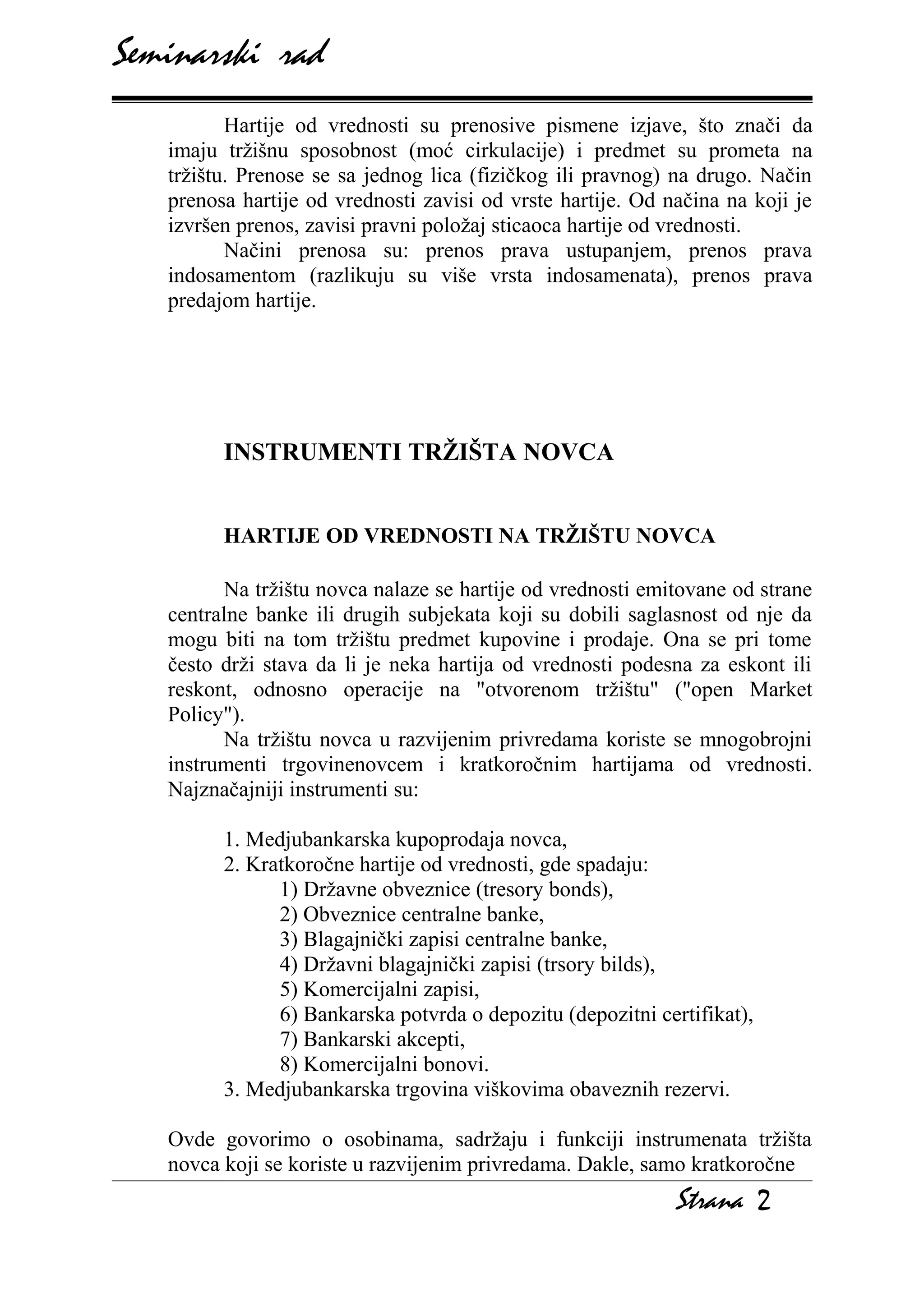 Instrumenti trzista novca bankarstvo | DOC