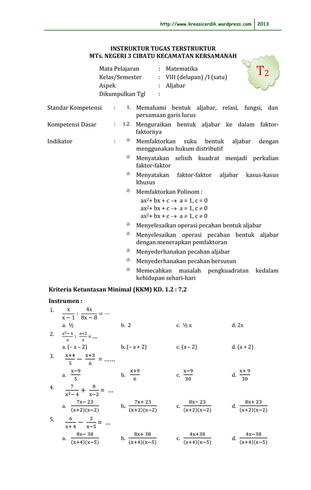 Instrumen tugas terstruktur matematika 8 | PDF