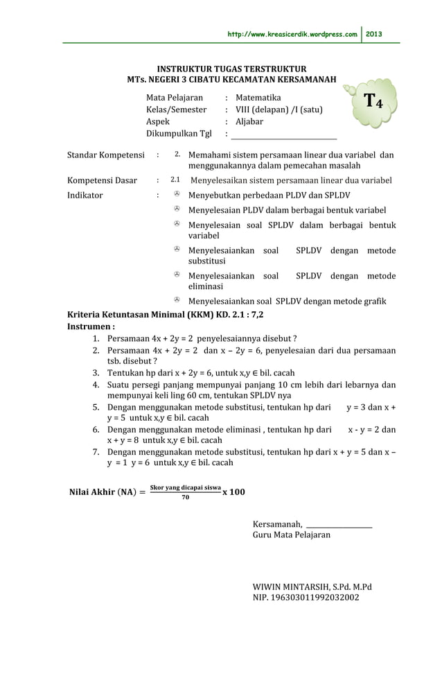 Instrumen tugas terstruktur matematika 8 | PDF