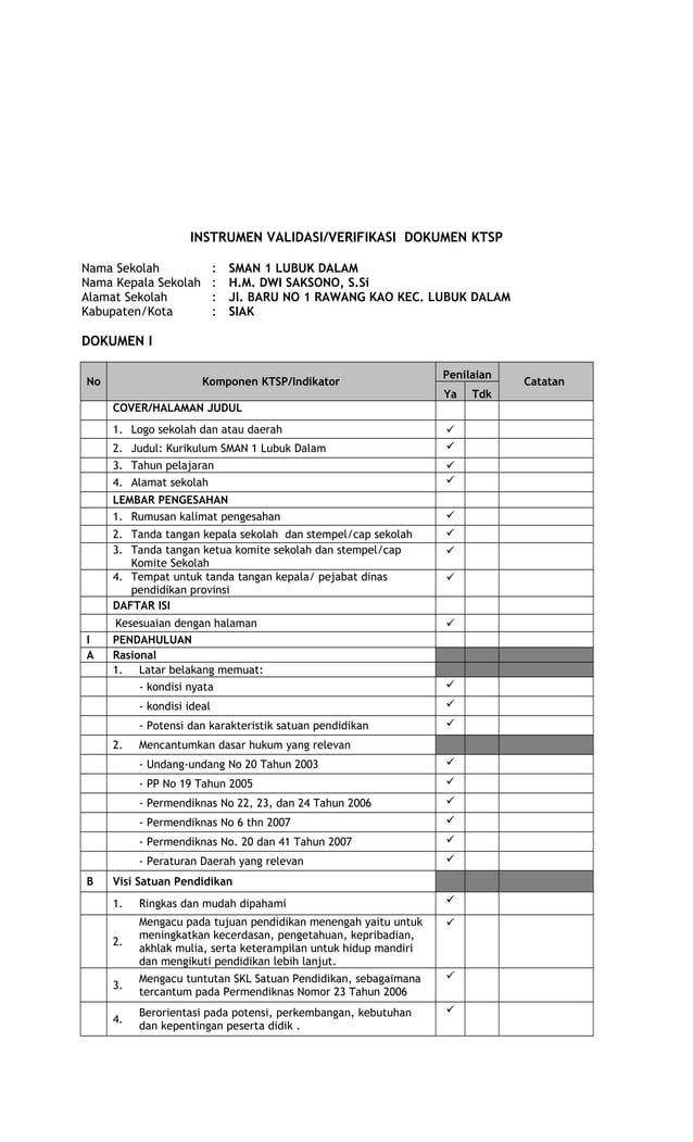 Instrument verifikasi validasi ktsp sman 1 ld 2 | PDF