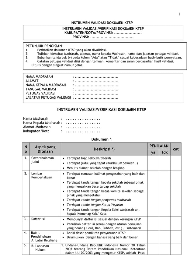 Instrumen validasi ktsp dok 1 & 2 baru | DOC