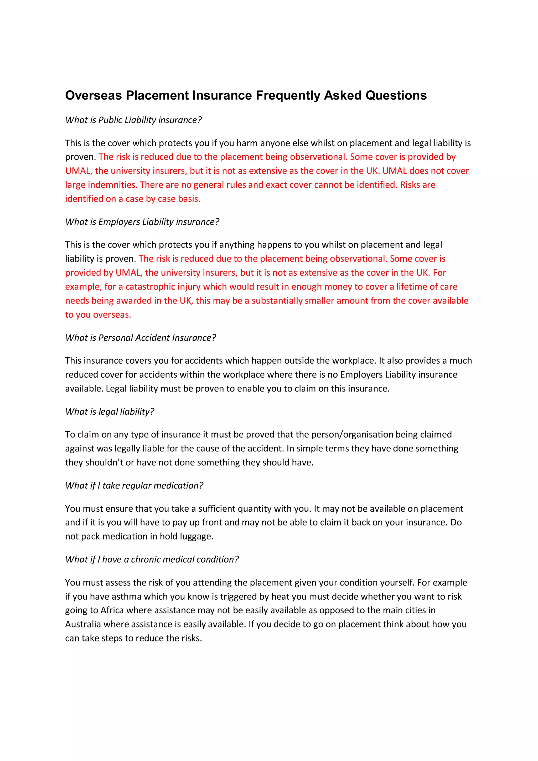 Overseas Placement Insurance Frequently Asked Questions | PDF
