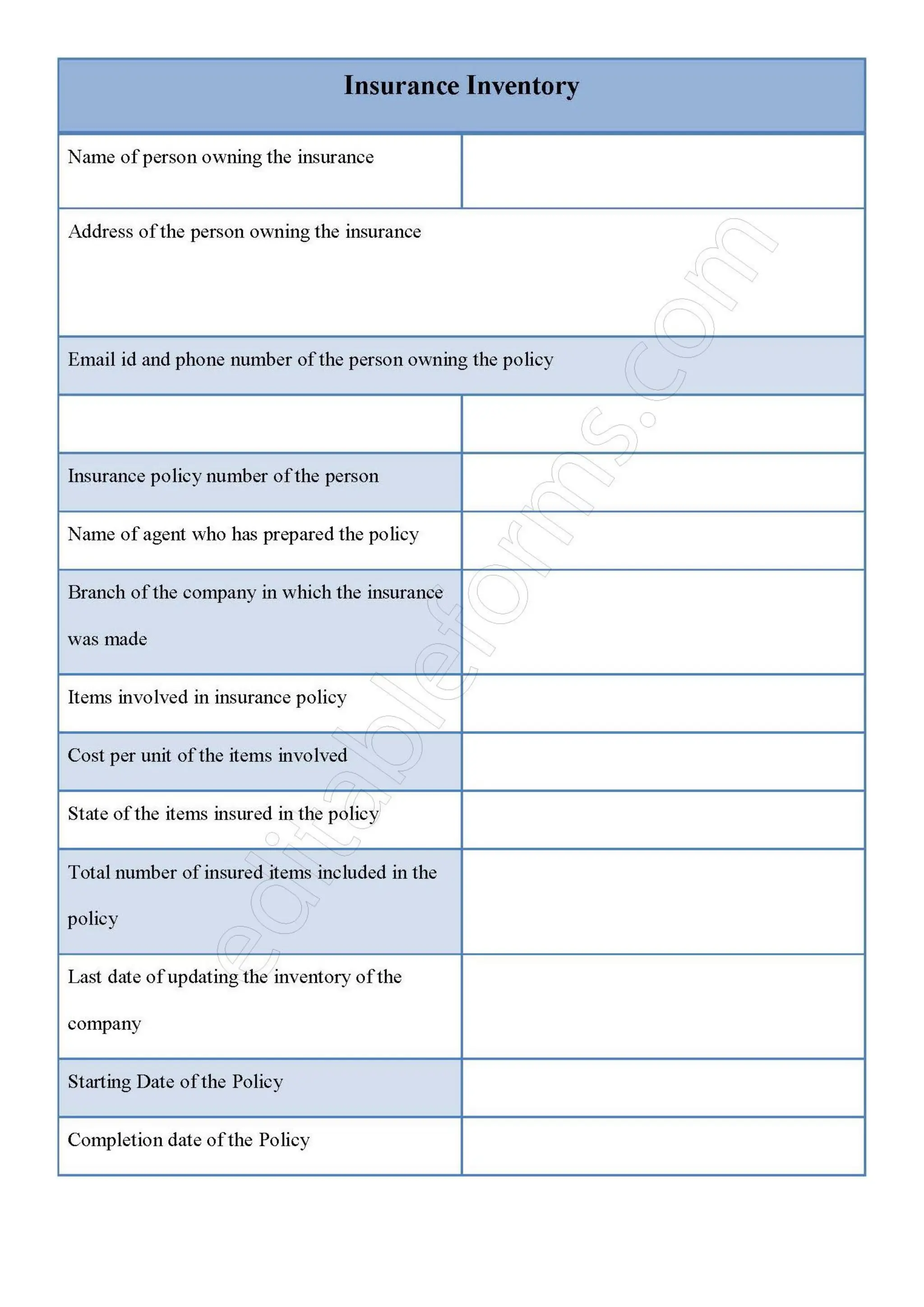 Insurance Inventory Fillable PDF Template | PDF