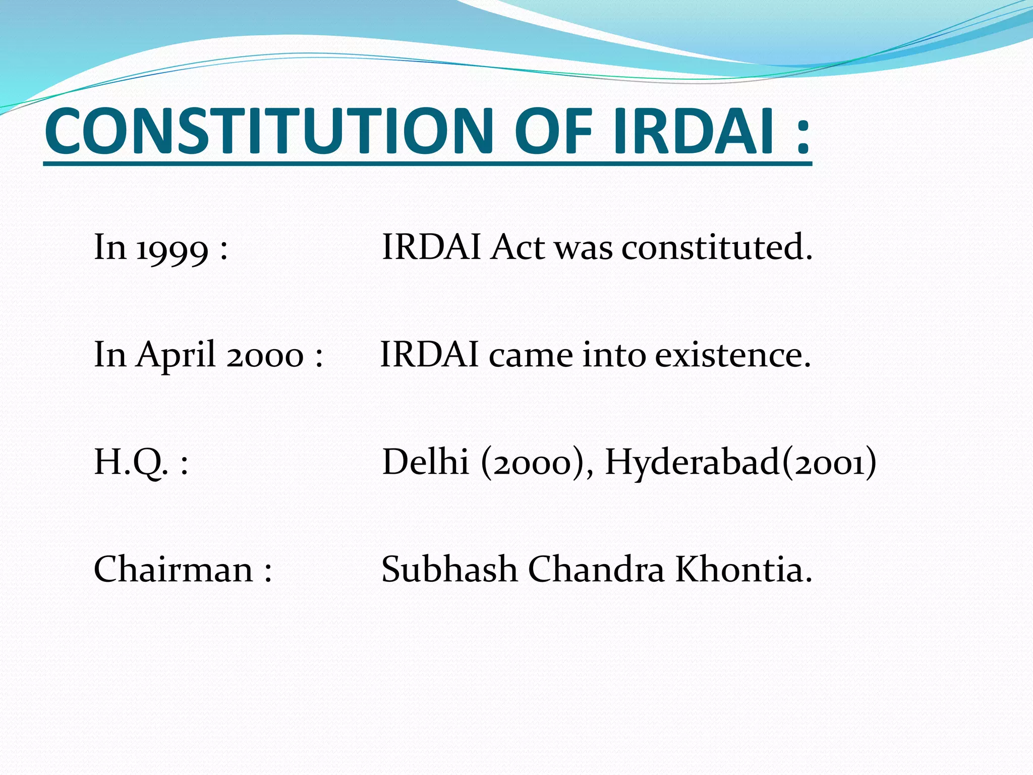 IRDAI, 1999 (Insurance law) | PPTX