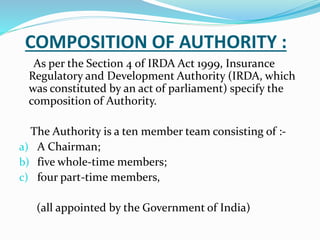 IRDAI, 1999 (Insurance law) | PPTX