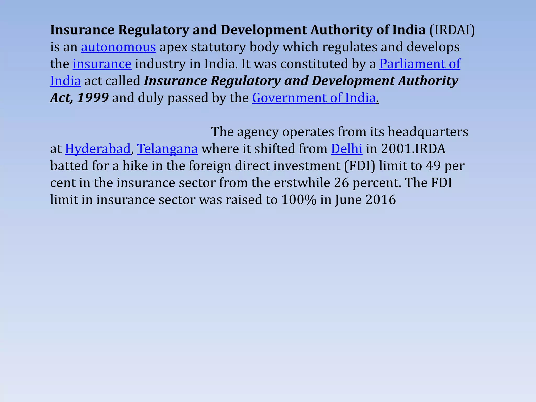 Insurance regulatory and development authority of india ppt | PPTX