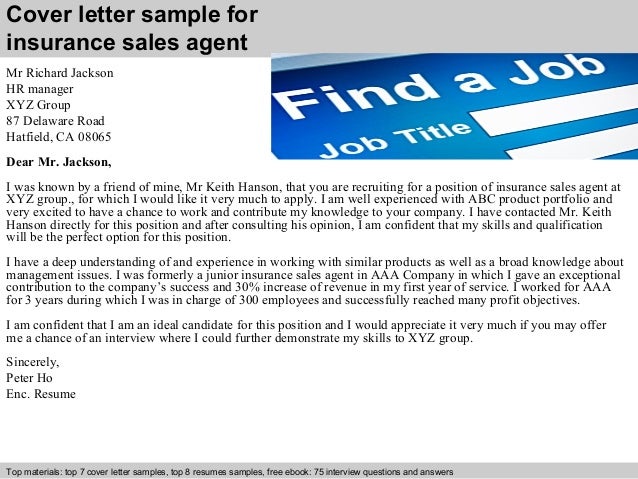 Insurance sales agent cover letter