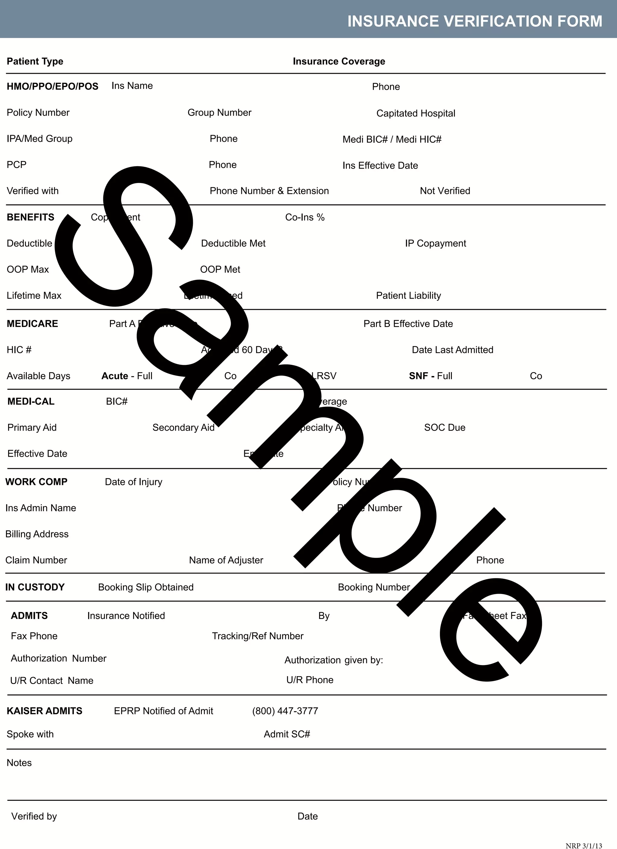 Insurance verification form 03.01.13 sample | PDF