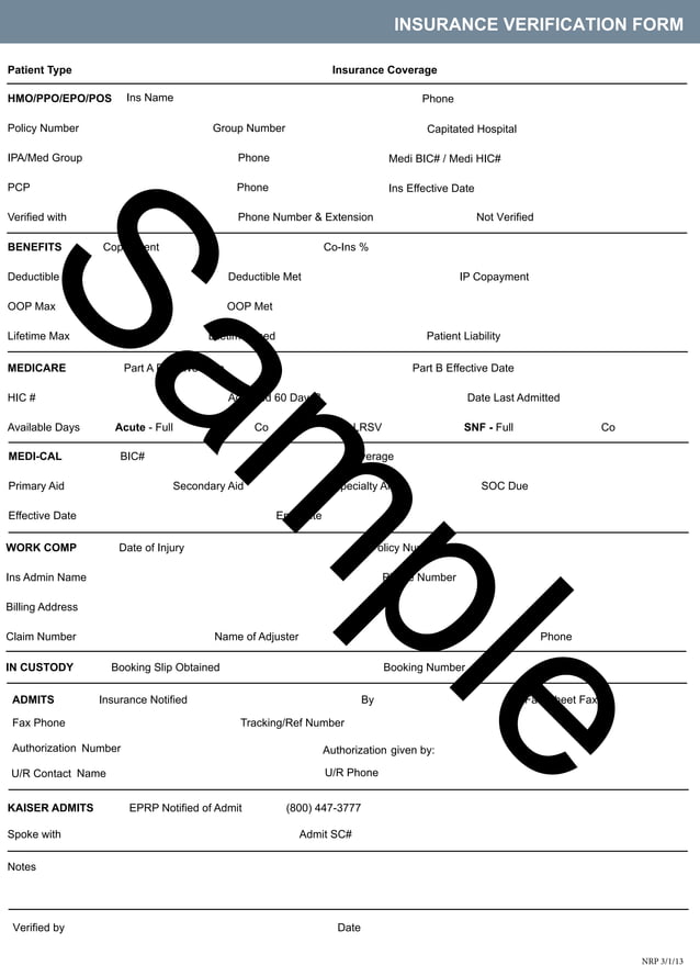 Insurance verification form 03.01.13 sample | PDF