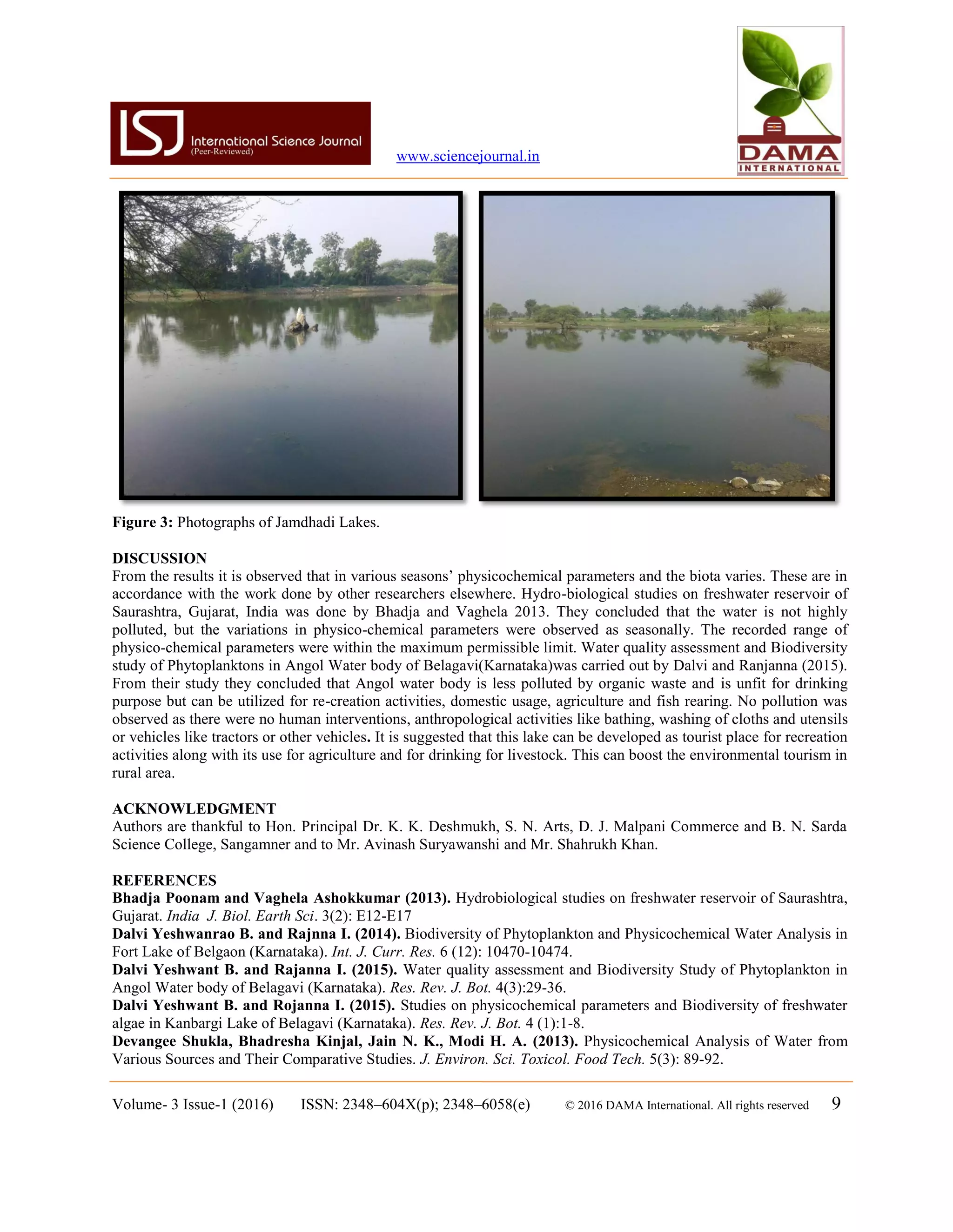 LIMNOLOGICAL STUDY OF JAMTHADI LAKE IN SANGAMNER TALUKA OF AHMEDNAGAR DISTRICT OF MAHARASHTRA ...