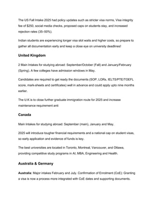 Intakes for studying abroad 2025-2026 for indian student | DOCX