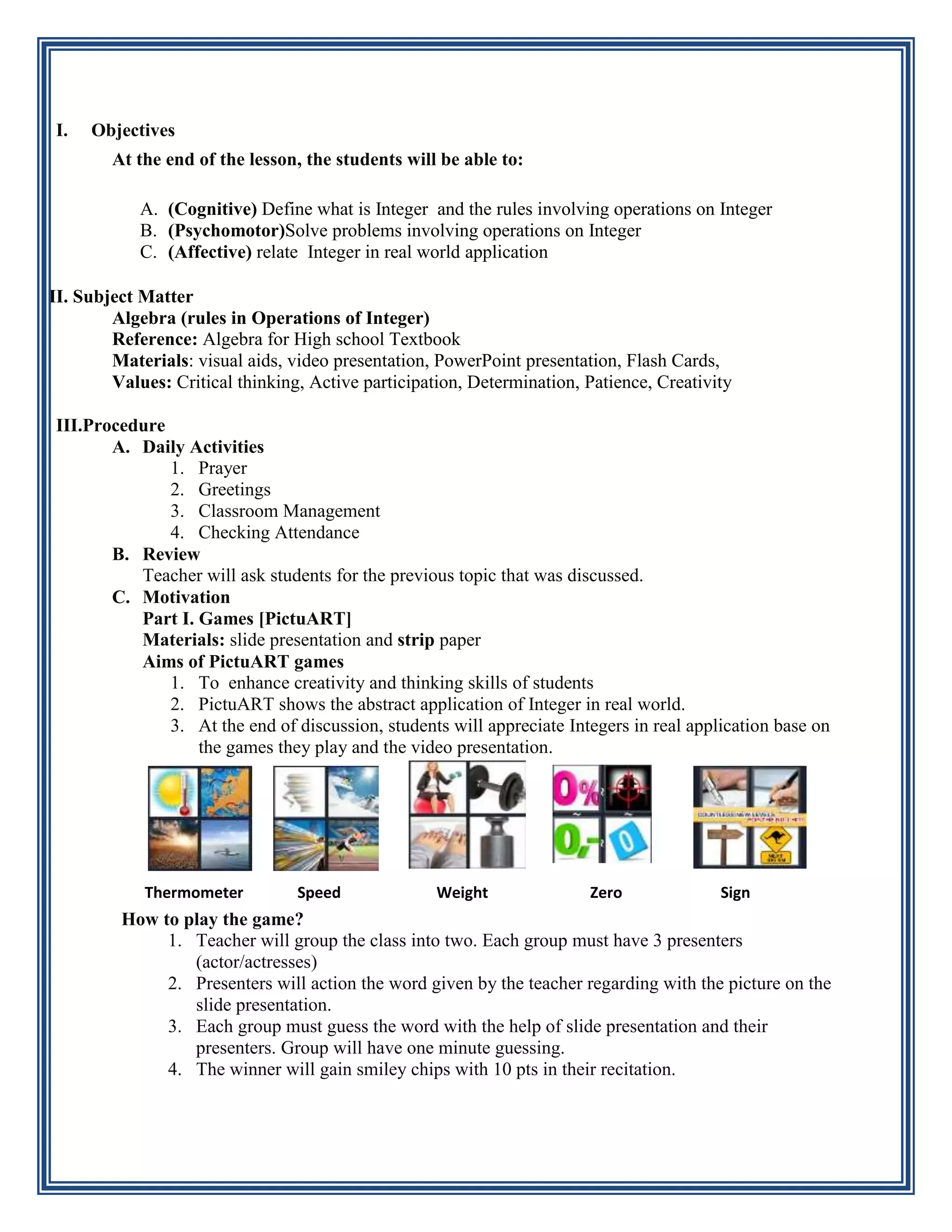 Integer lesson plan | DOCX