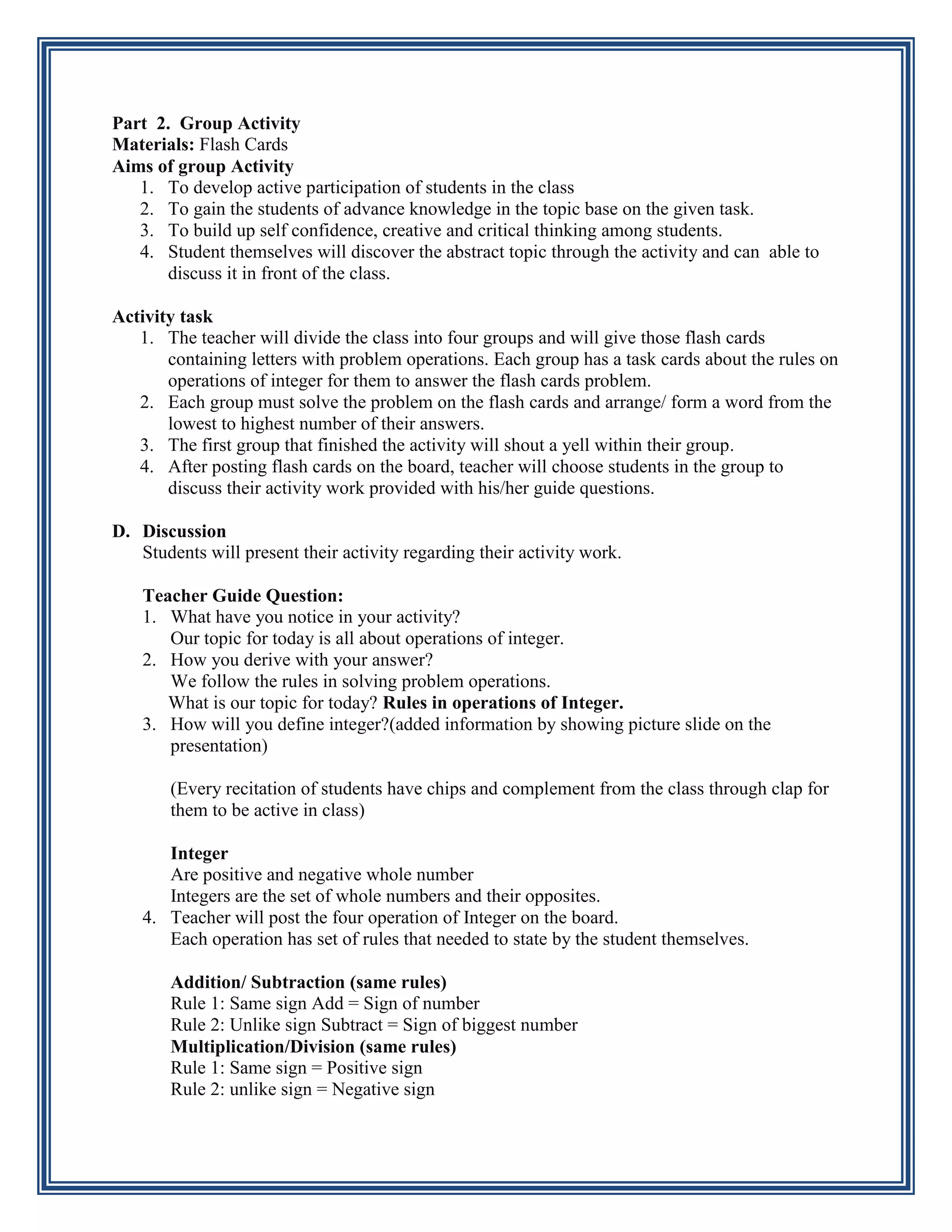 Integer lesson plan | DOCX