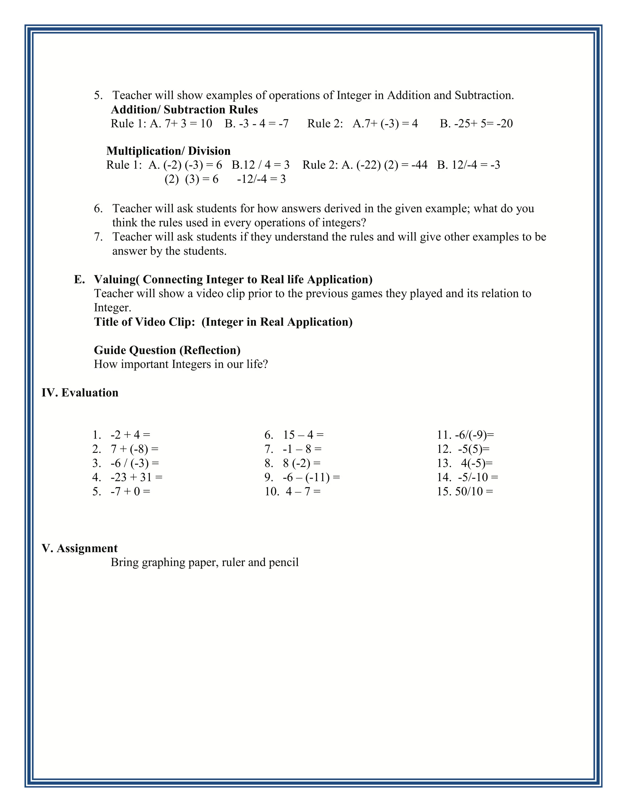 Integer lesson plan | DOCX