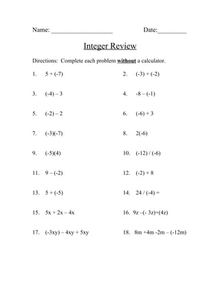 Integer review | DOC | Homework and Study | Education