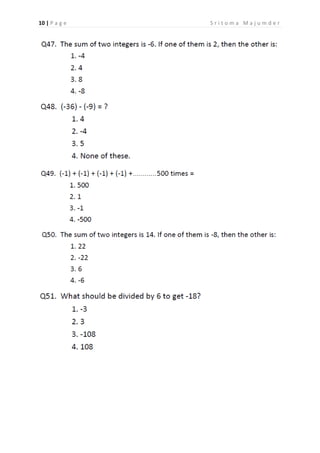 CBSE Grade 7 Mathematics Integers Multiple Choice Questions Worksheet | PDF