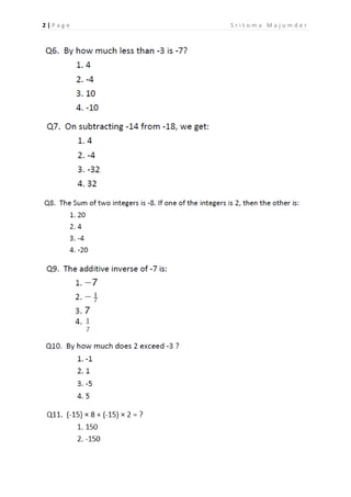 CBSE Grade 7 Mathematics Integers Multiple Choice Questions Worksheet | PDF