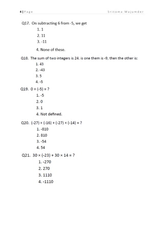 CBSE Grade 7 Mathematics Integers Multiple Choice Questions Worksheet | PDF