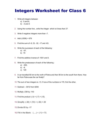 Integers Worksheet 7th Grade