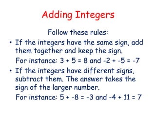 Integers adding and subtracting | PPTX
