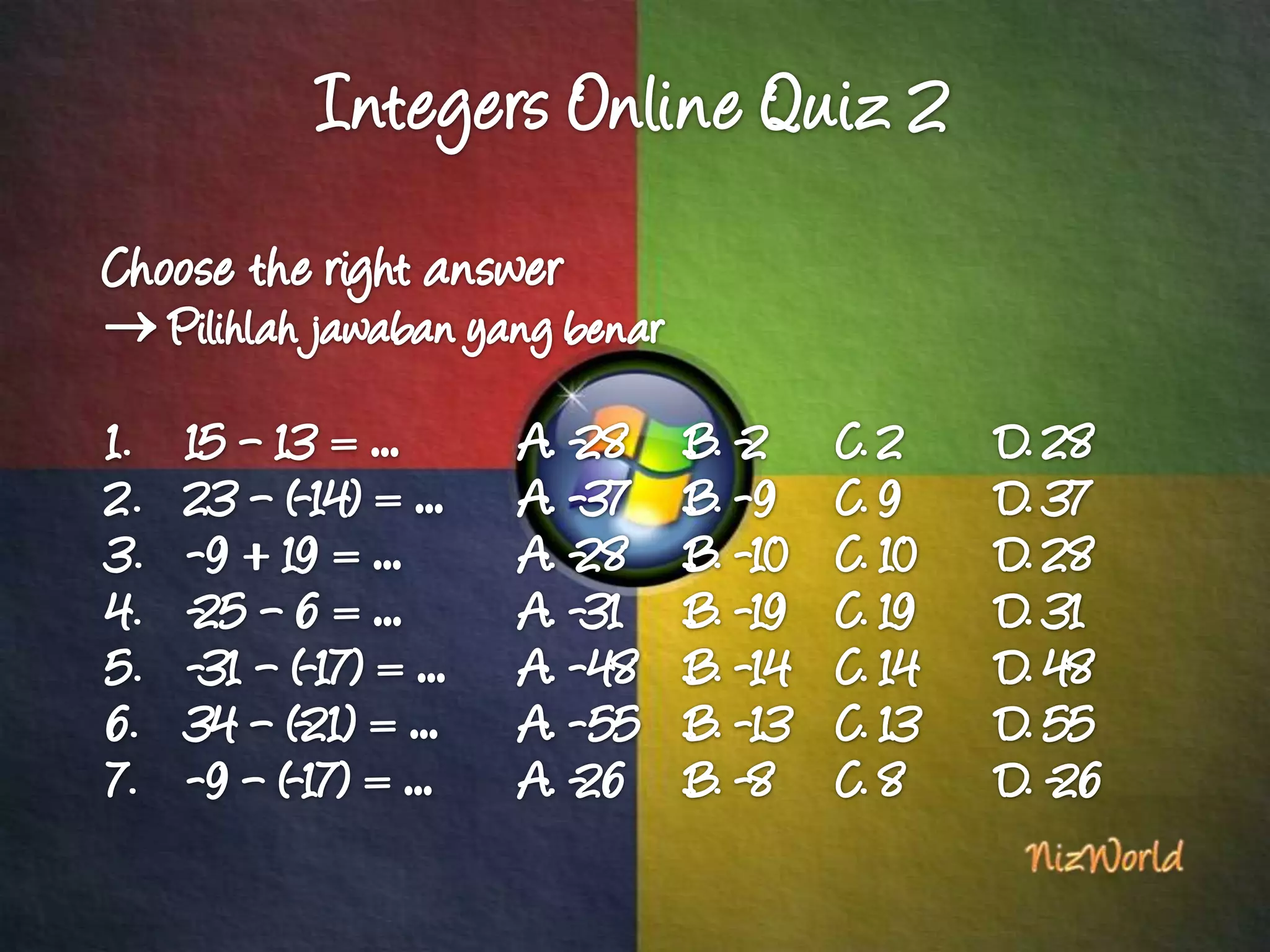 Integers Online Quiz | PPTX