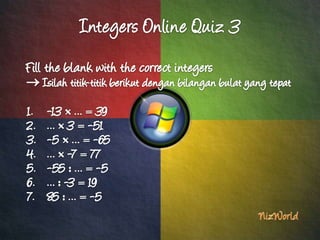 Integers Online Quiz | PPTX