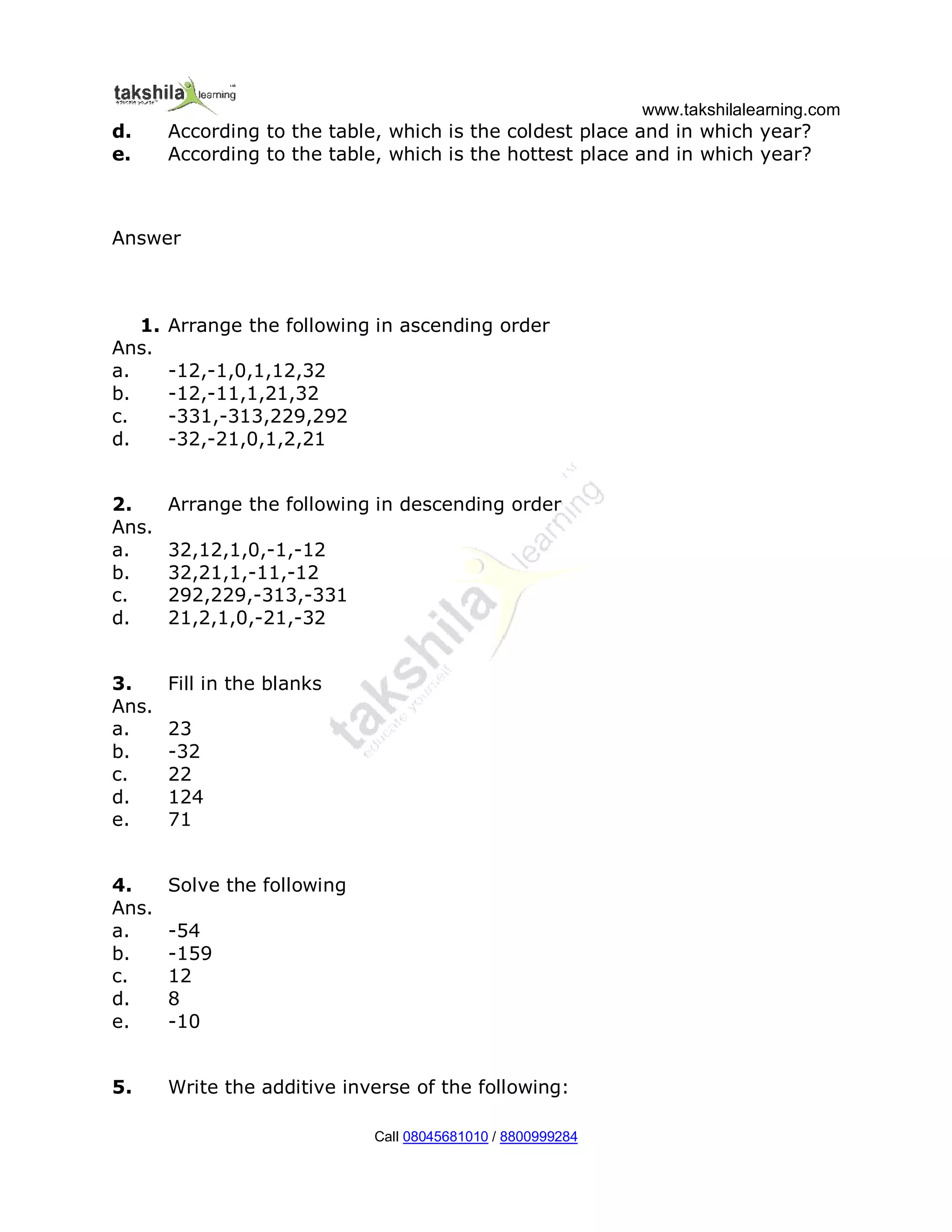 Integers Worksheet - NCERT Solutions Class 6 Maths | PDF